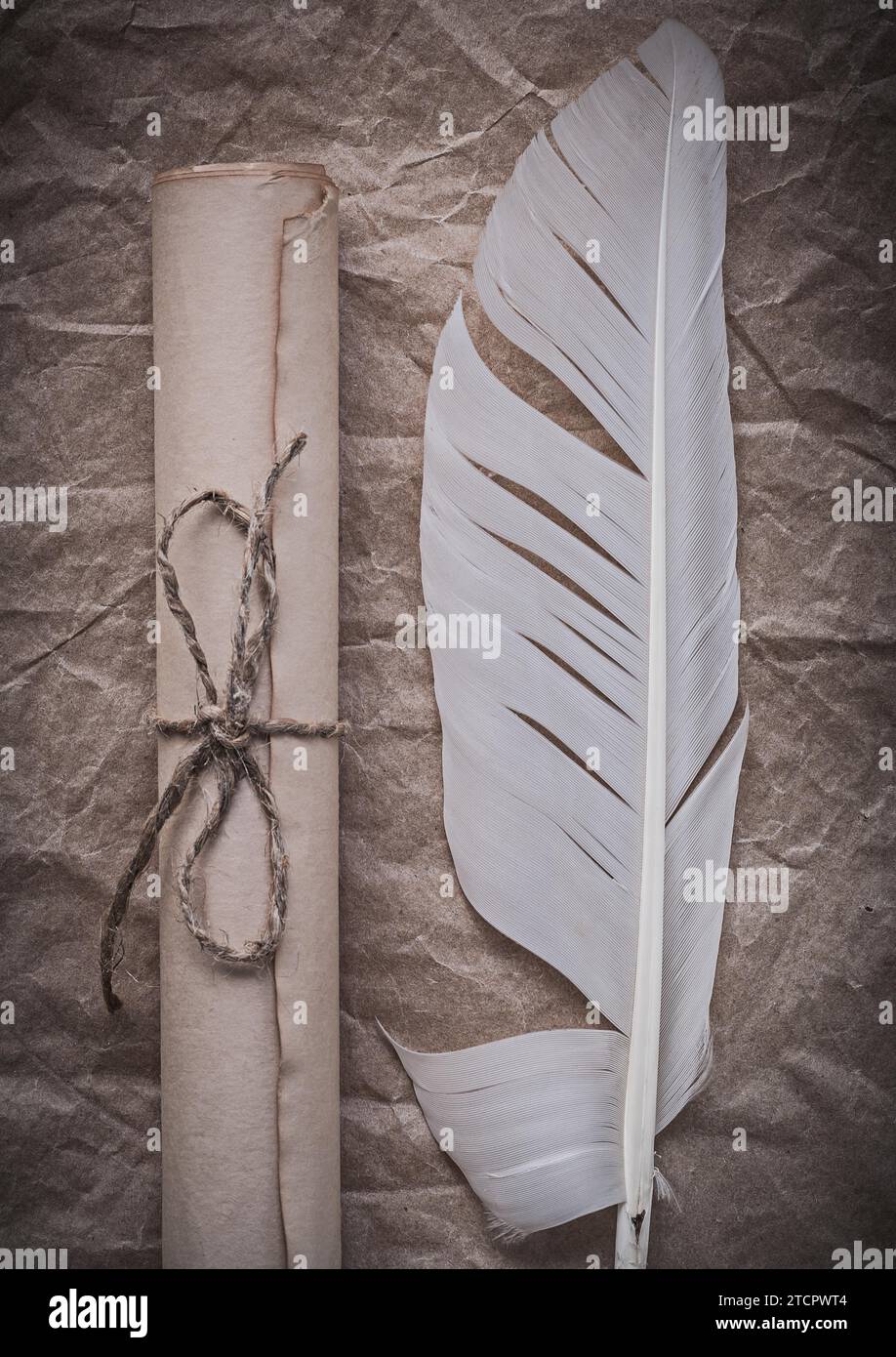 Medieval paper scroll with quill pen on crumpled wrapping sheet Stock ...