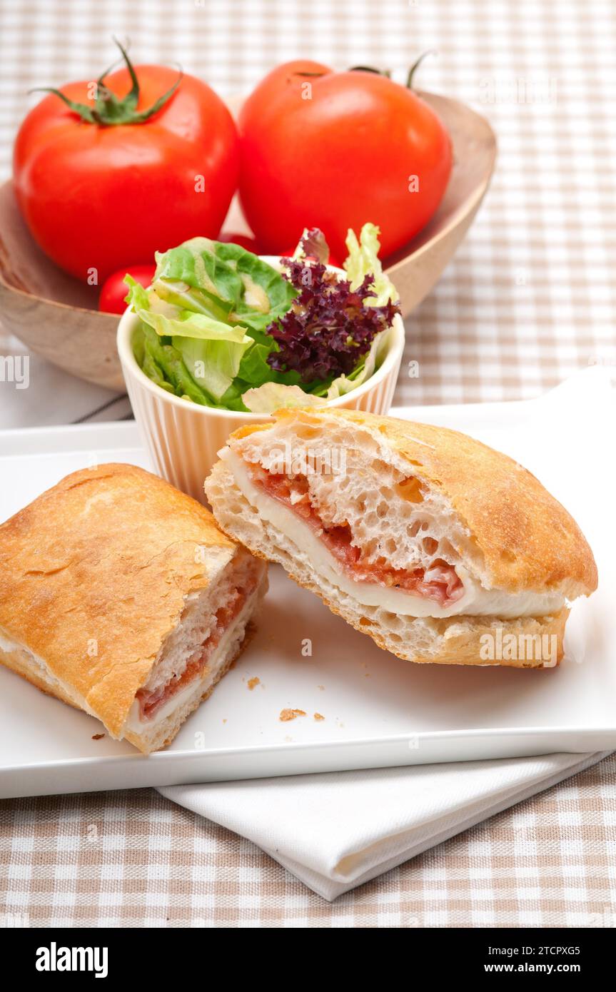 Italian ciabatta panini sandwich with parma ham and tomato Stock Photo ...