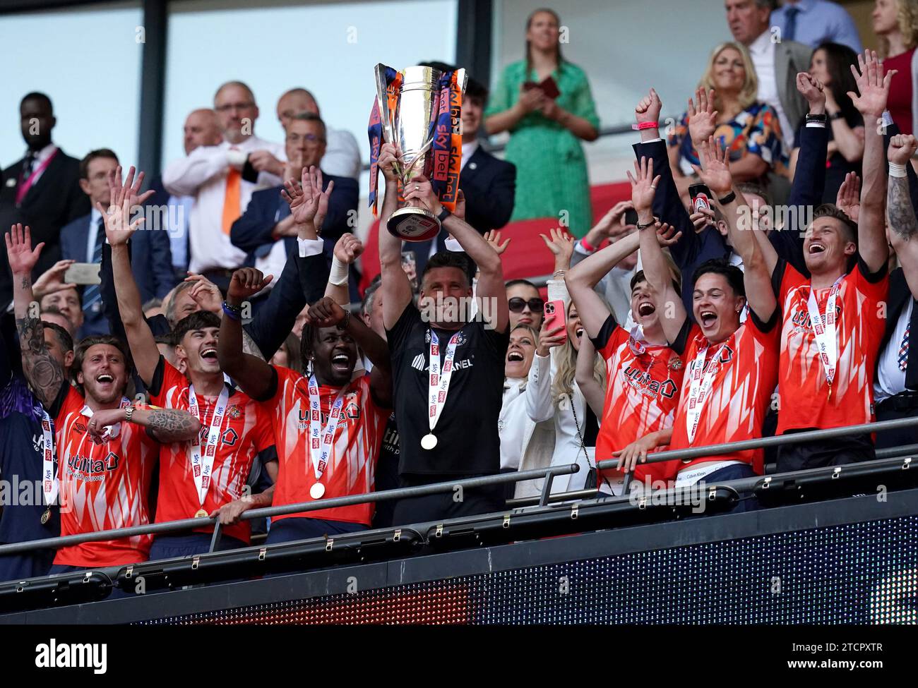 File photo dated 27-05-2023 of Luton Town manager Rob Edwards lifting ...