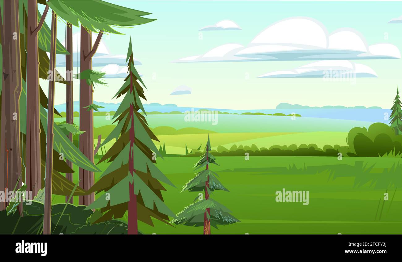 Edge of coniferous forest. Scenery Landscape. Fun cartoon style. Vector ...