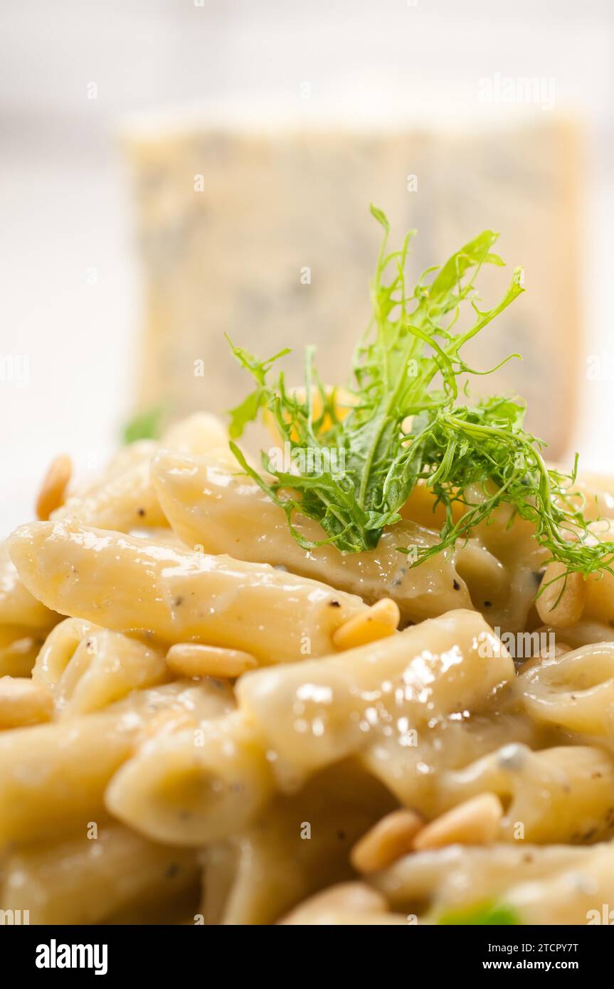 Italian traditional pasta penne gorgonzola and pine nuts Stock Photo ...