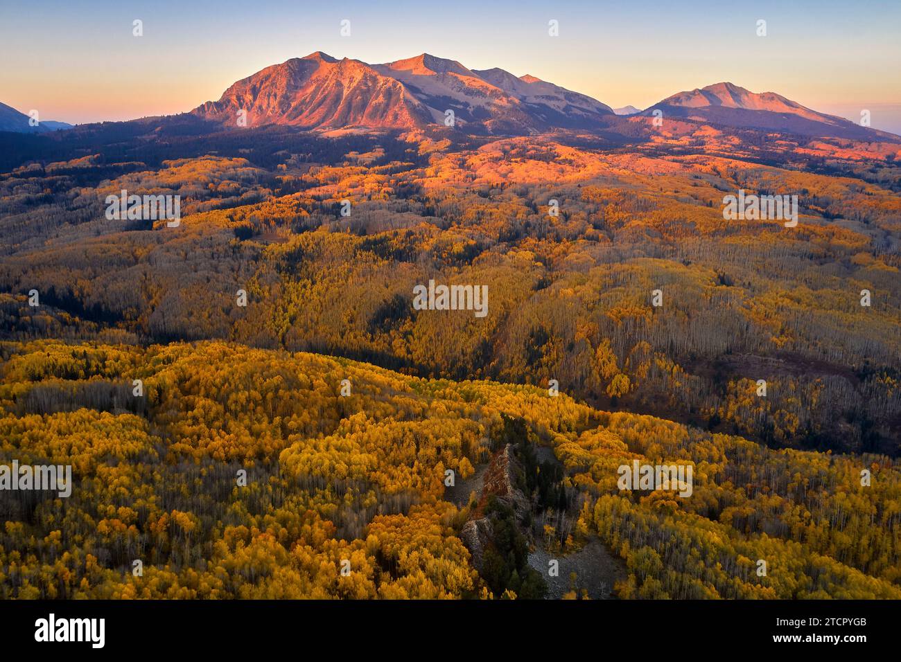 An aerial landscape view of two distant mountain ranges with a ...