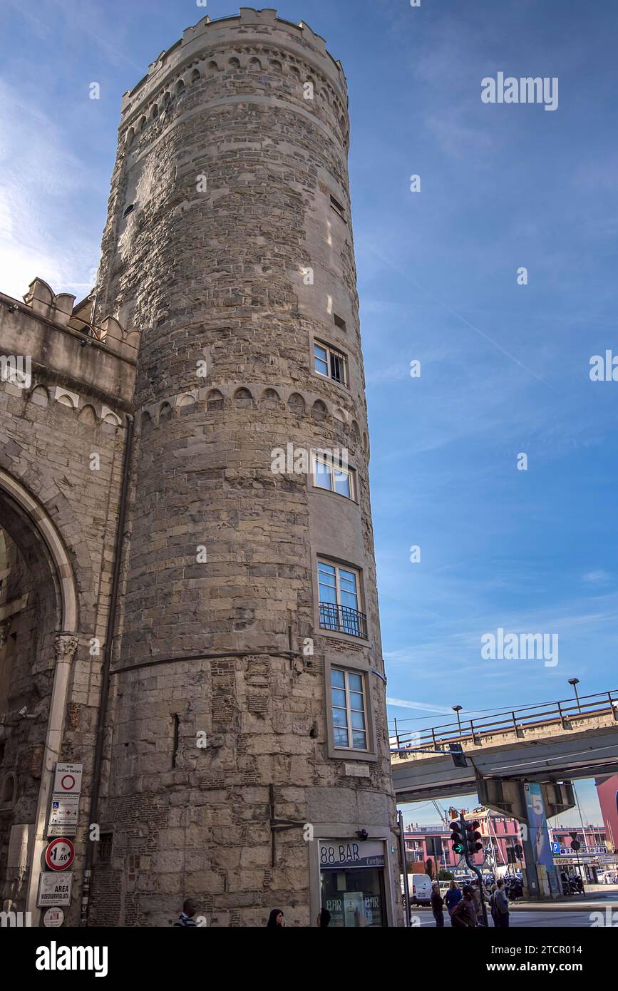 Historic city gate Porta Soprana, medieval tower at the harbour, Genoa ...