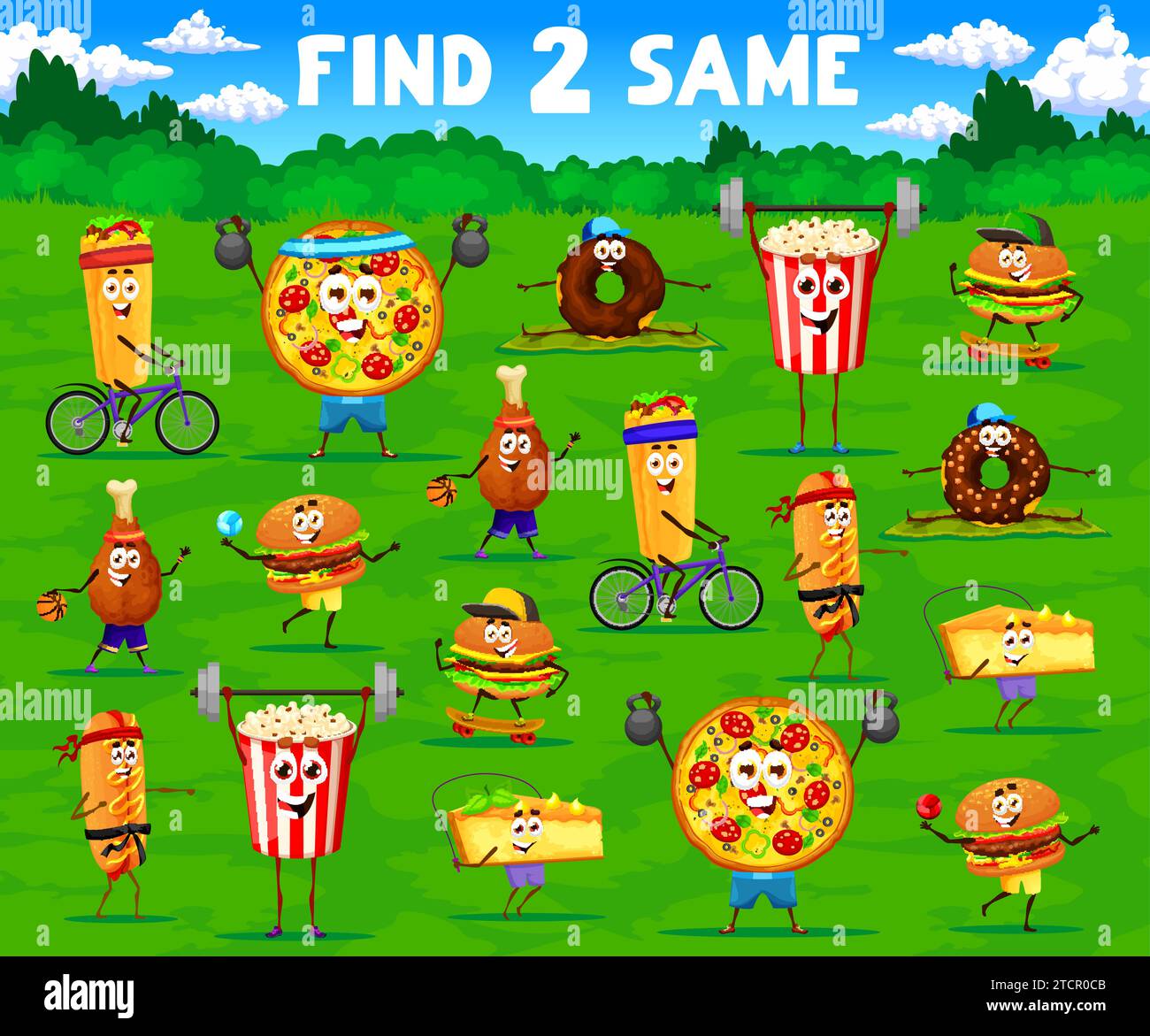 Find two same cartoon fast food characters on sport vacation. Objects ...