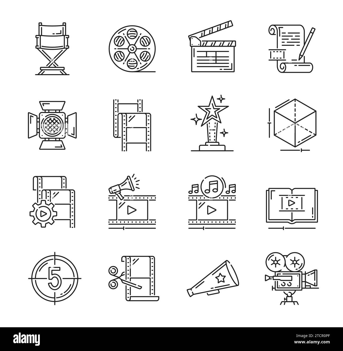 Movie video production icons, cinema film media and TV studio vector ...