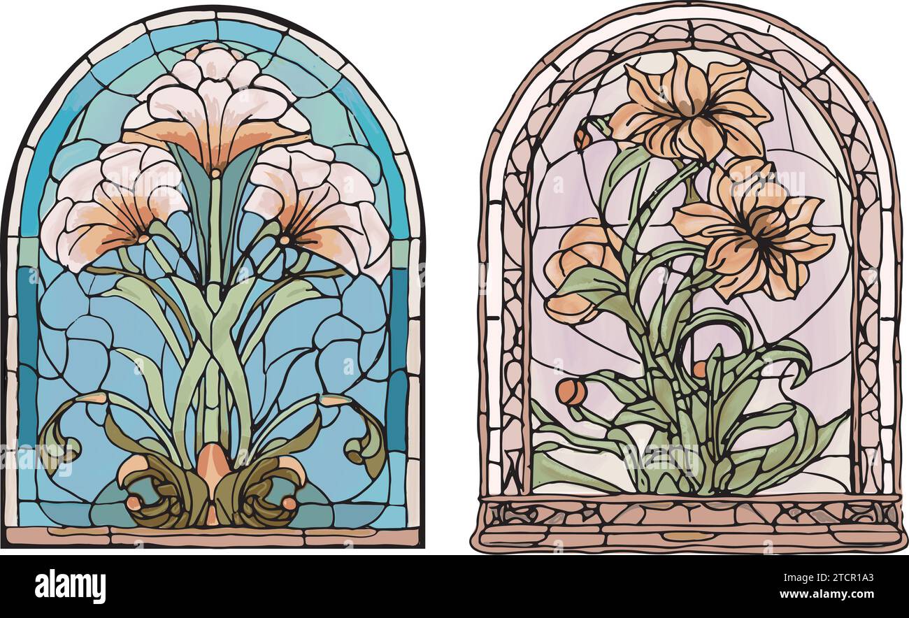Set of two stained glass window of pink lily flowers, art nouveau style Stock Vector Image & Art ...