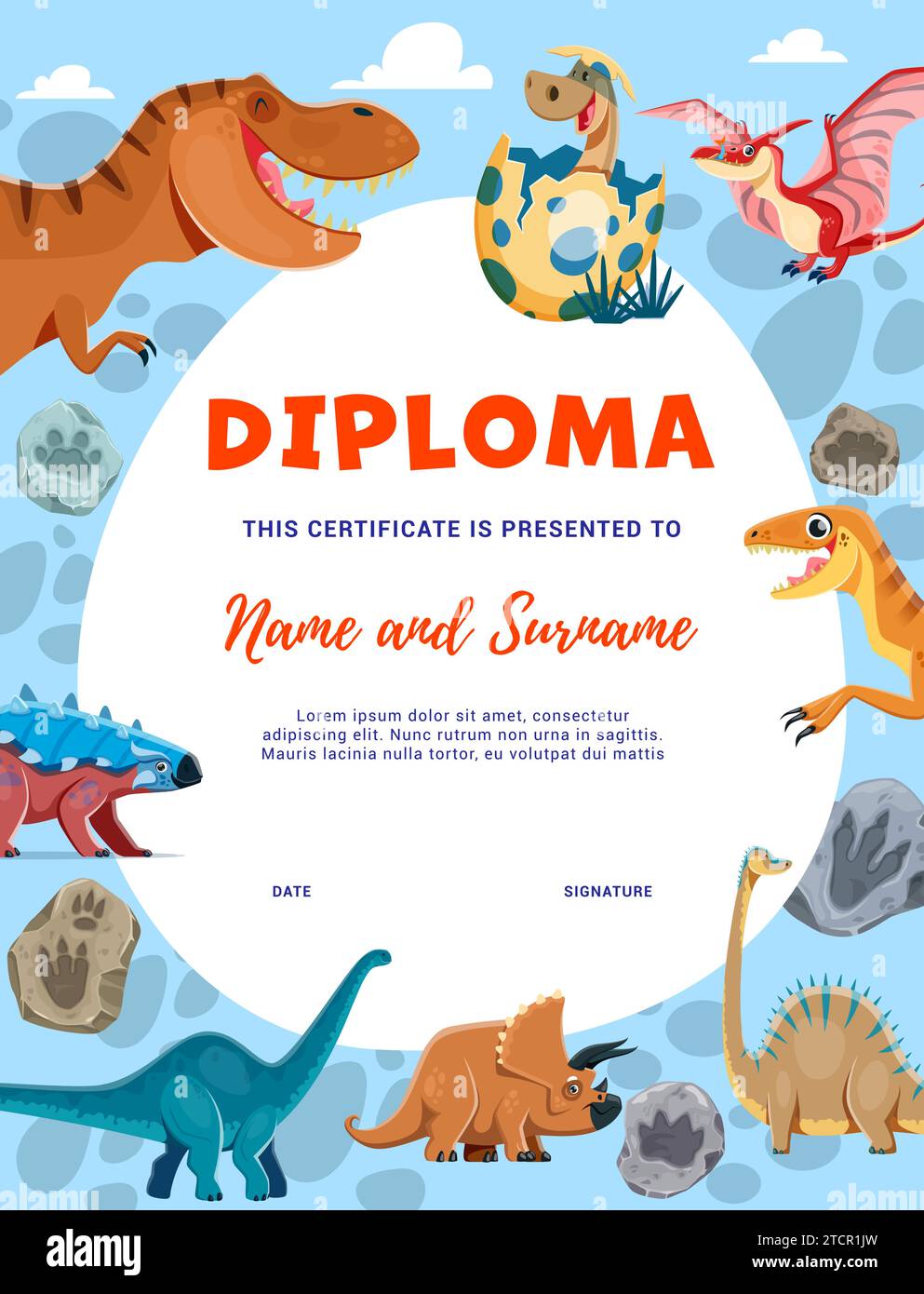 Kids diploma, cartoon dinosaur characters and fossil stone footprints ...