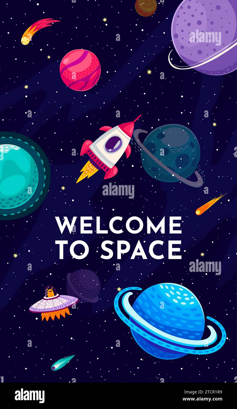 Welcome to space banner. Flying spaceship and UFO between galaxy ...