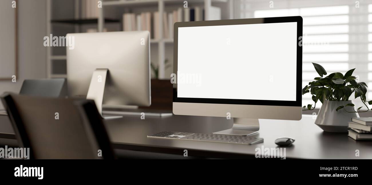 A white-screen PC computer mockup on a desk in a modern office room ...