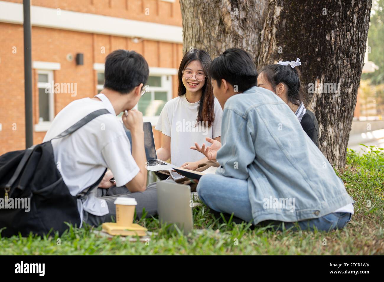A group of happy young teen Asian students are talking and doing homework while sitting on the ...