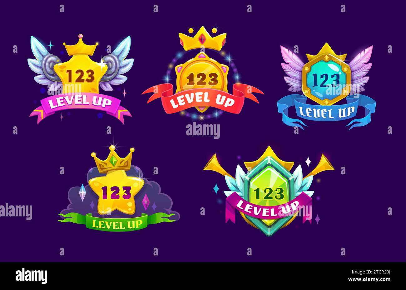 Game interface level up badges and win icons, gold award, winner reward and victory trophy ...