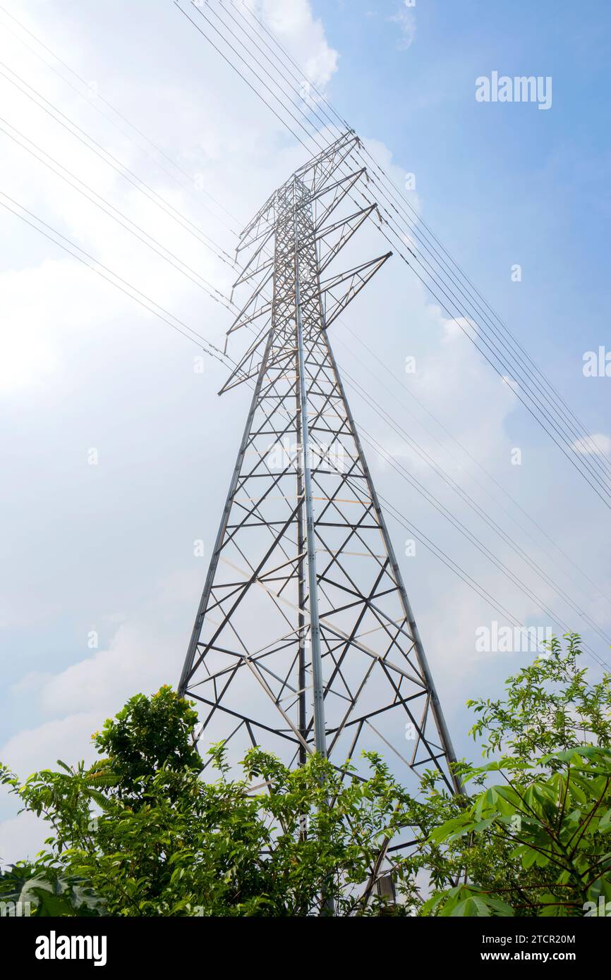 High voltage power lines tower with a blue sky background Stock Photo ...