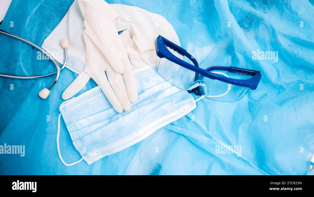 Medical protective equipment for doctor, medical gloves, face shield ...