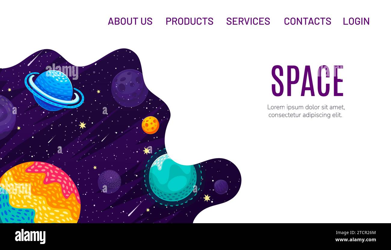 Galaxy space landing page with cartoon space landscape, planets and ...