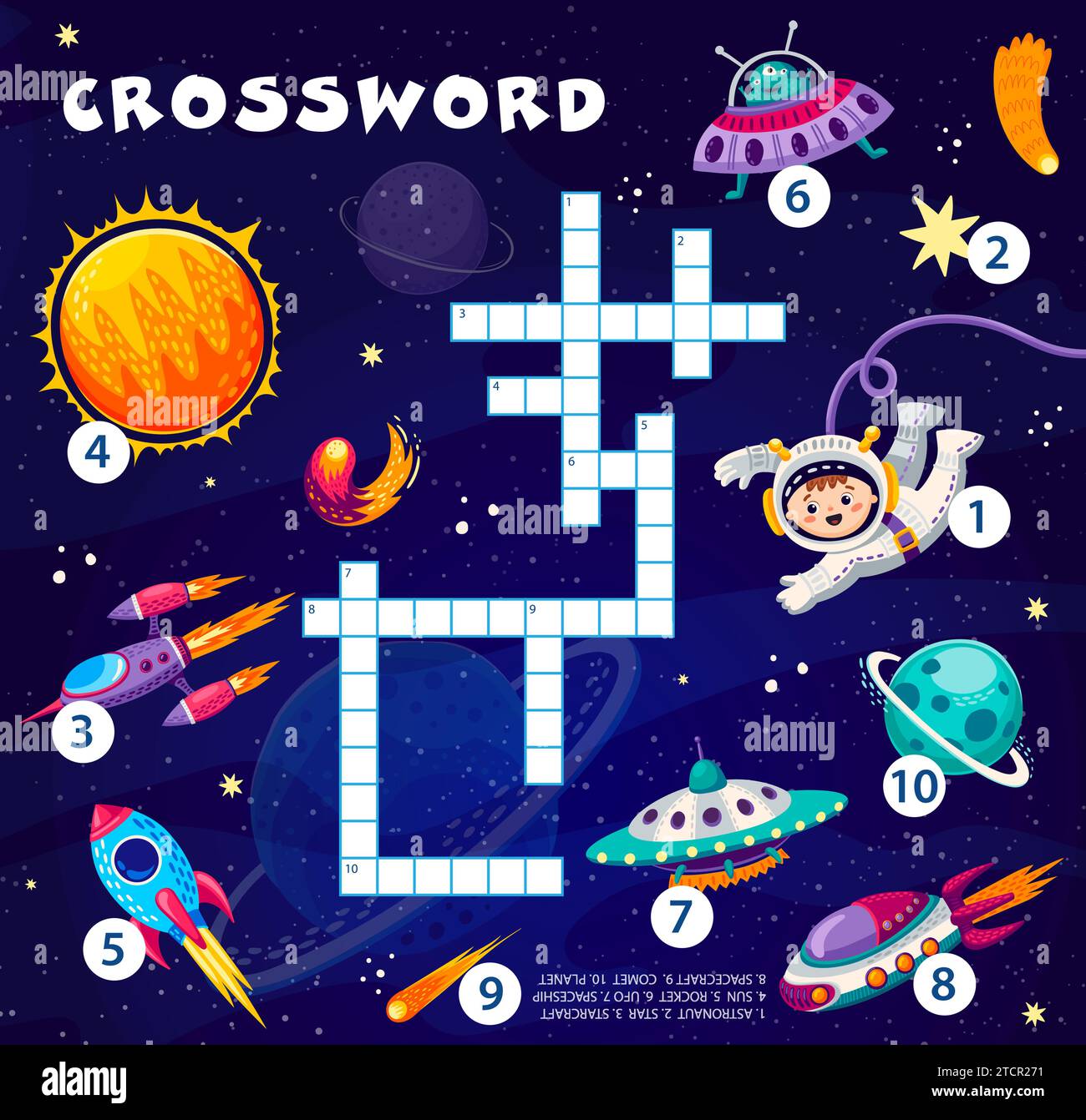 Crossword quiz game. Cartoon astronaut, starry galaxy, fast UFO and ...