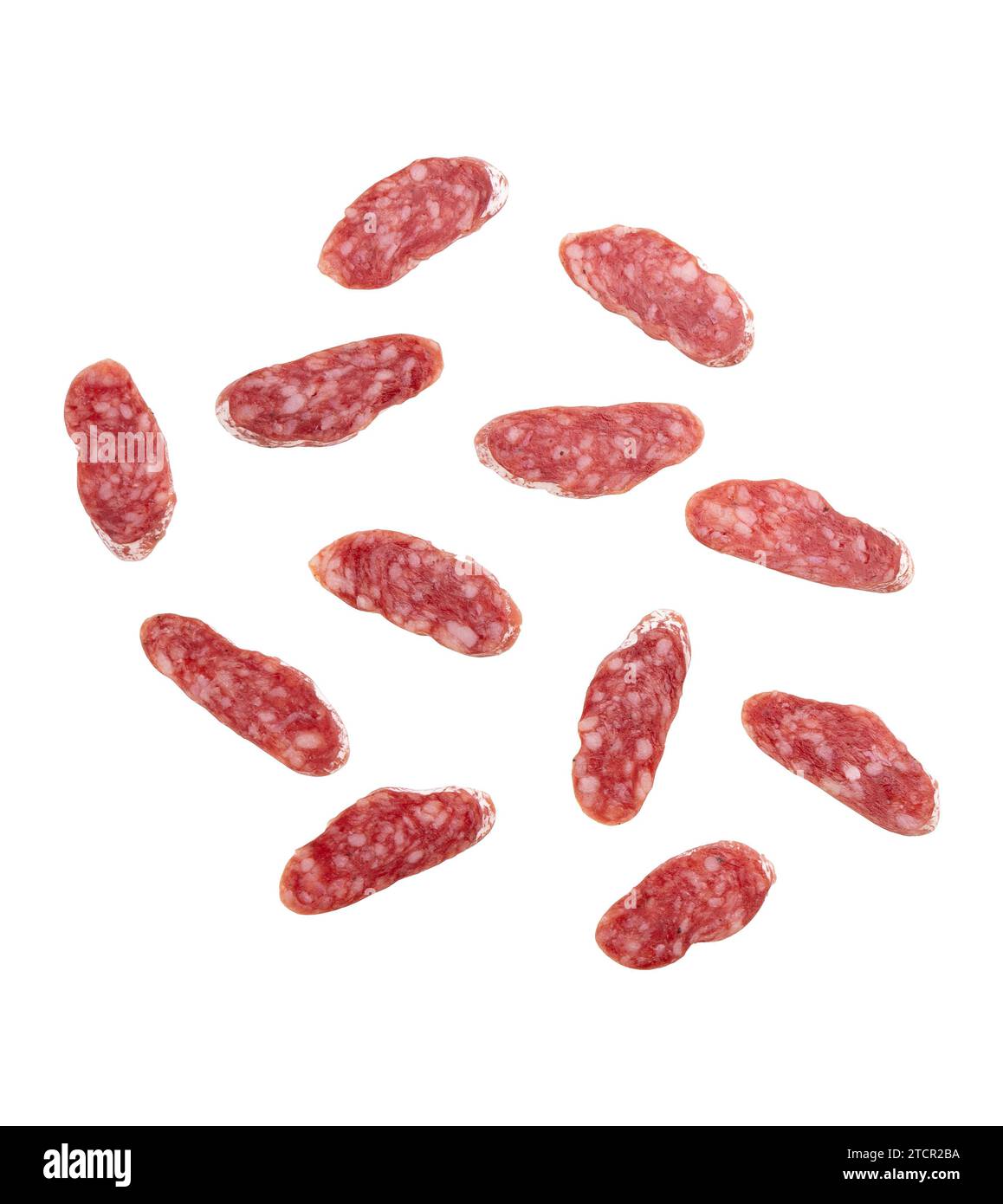 slices of salami isolated on white background with clipping path, concept of tasty food with ...