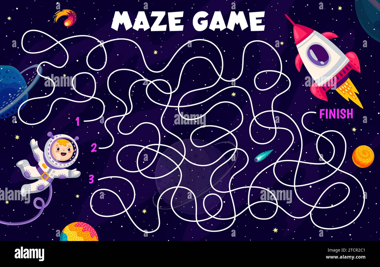 Labyrinth maze game. Help to find a rocket spaceship. Path find kids ...