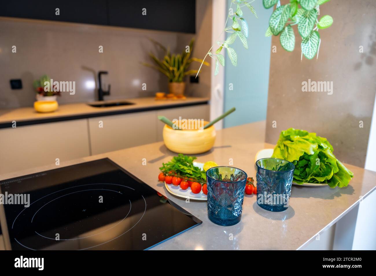 Kitchen without people with a counter with healthy food Stock Photo - Alamy
