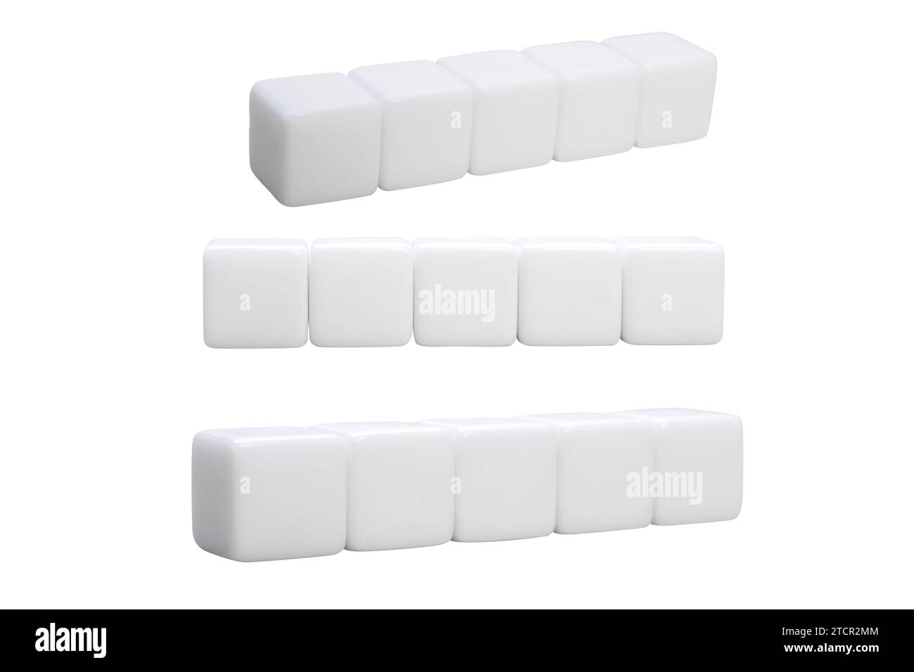 Closeup view of a row of small cubes isolated over a white background ...