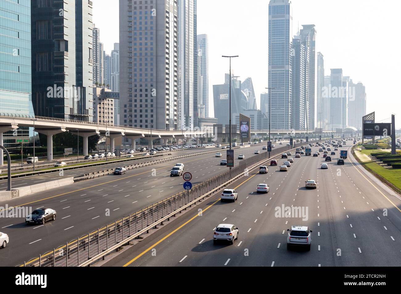 Intense car traffic is seen in the centre of Dubai, Sheikh Zayed Road ...