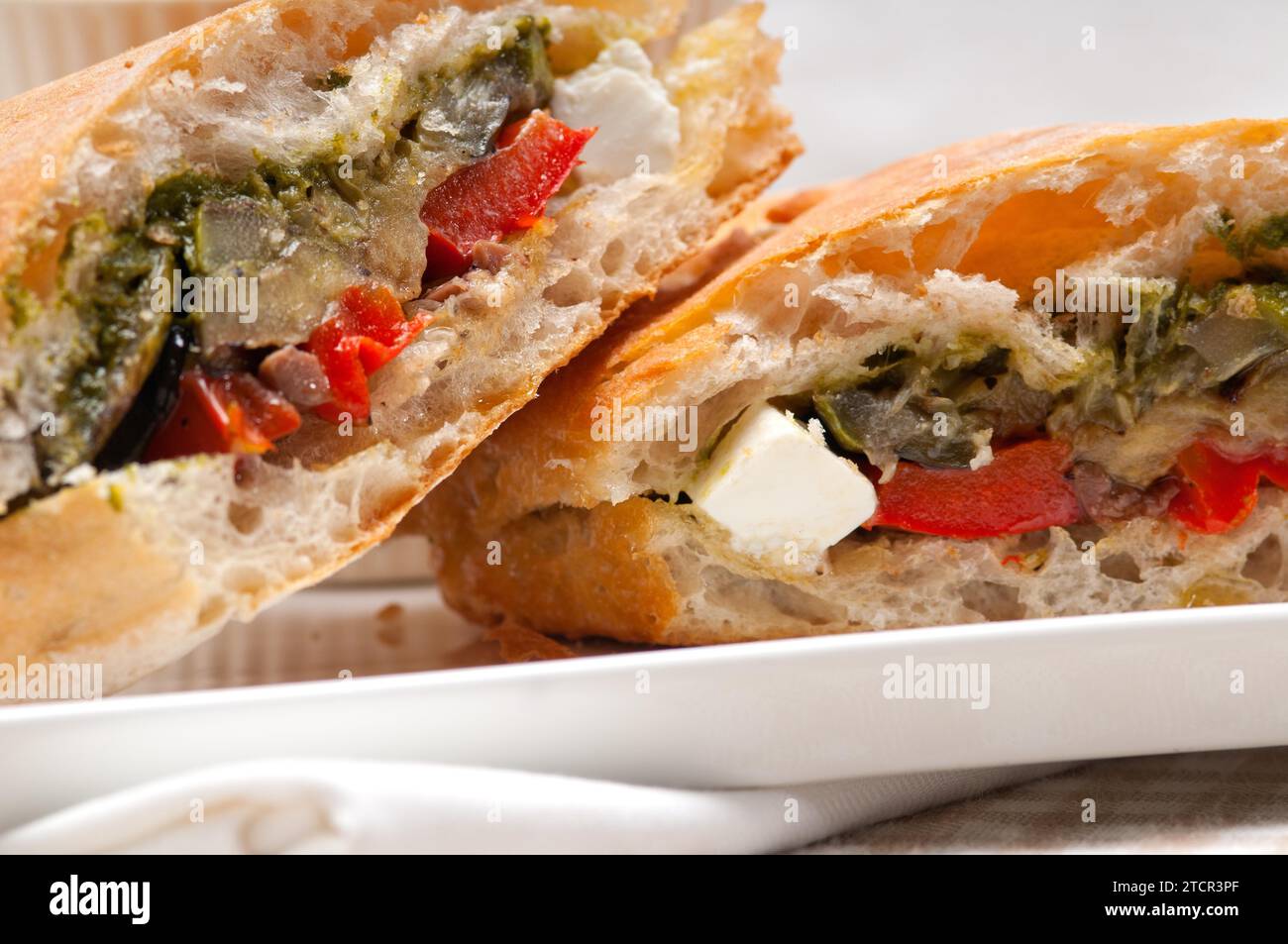 Italian ciabatta panini sandwichwith with vegetable and feta cheese ...