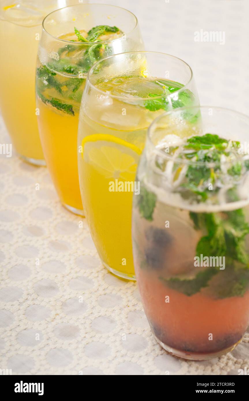 Selection of fresh fruits colorful long drink cocktails Stock Photo - Alamy