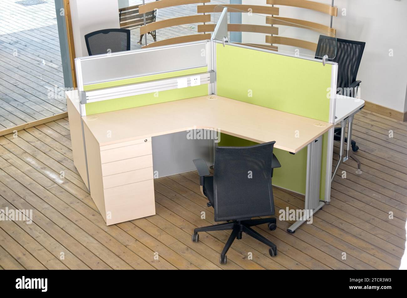 Office desks and black chairs cubicle set view from top over wood ...