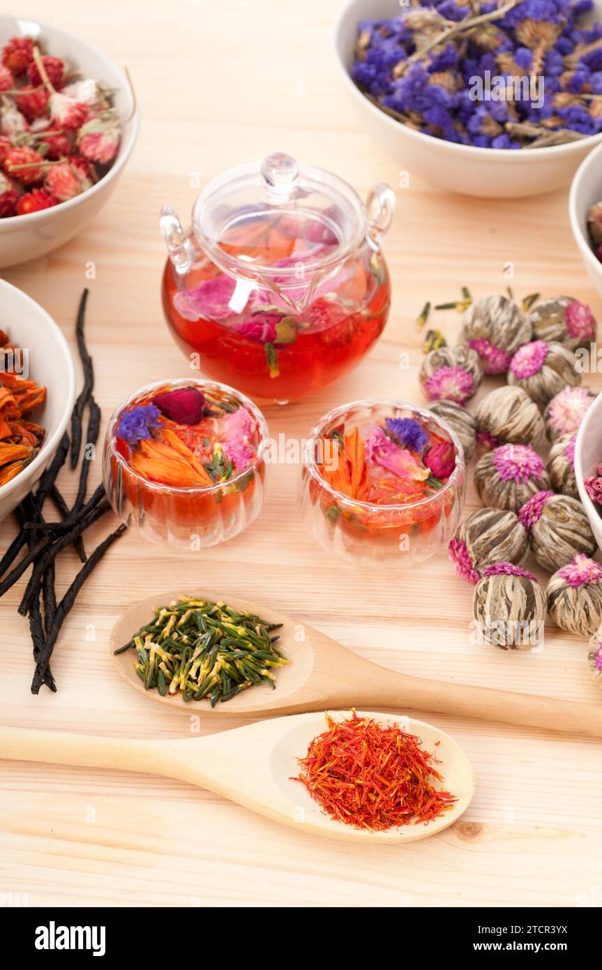 Herbal natural floral tea infusion with dry flowers ingredients Stock ...