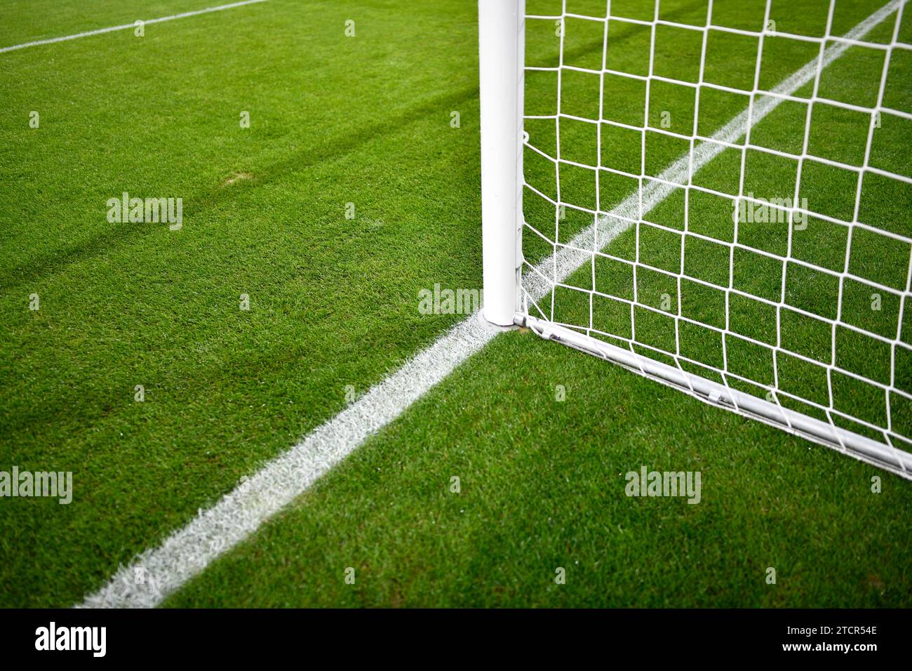 Stadium interior, goal, goal net, empty, turf, marking, diagonal ...