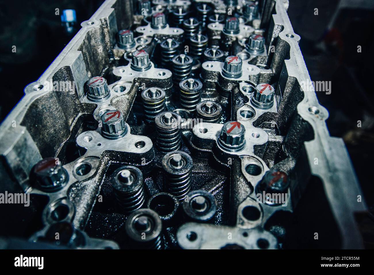 Cylinder head with valves, adjusting hydraulic compensators Stock Photo ...