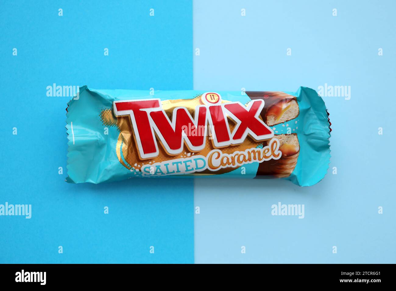 TERNOPIL, UKRAINE - JULY 7, 2023 Twix salted caramel blue wrapper on ...