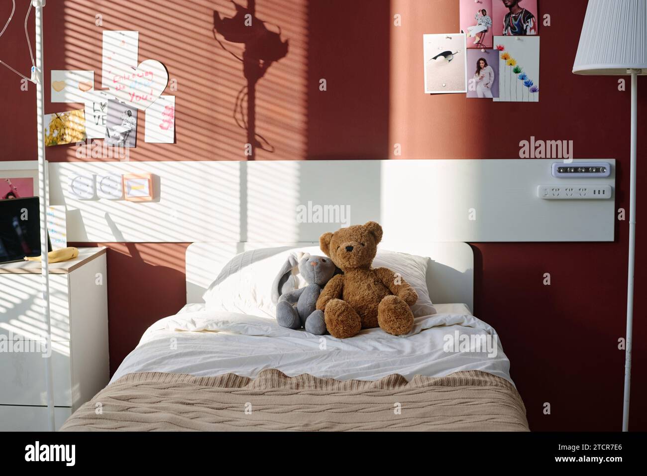 Rays of sunlight falling on two cute soft toys sitting on bed of ...