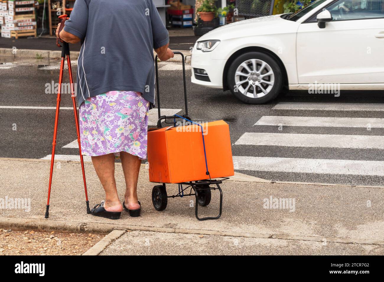 elderly woman with walking sticks and a cart for things stands on a ...