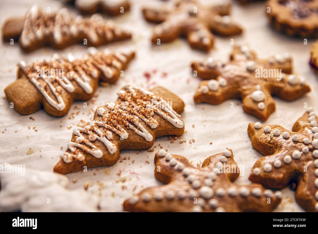 Delicious fresh Christmas gingerbread cookies in different shapes Stock ...