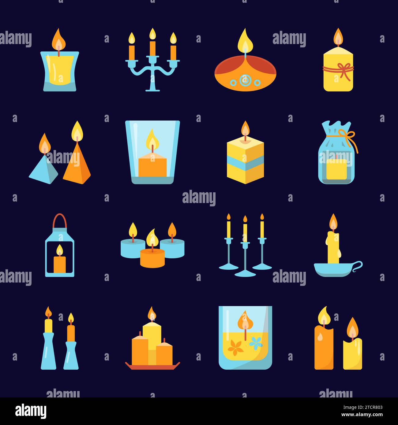 Burning candle icons set in flat style on dark background. Light source ...