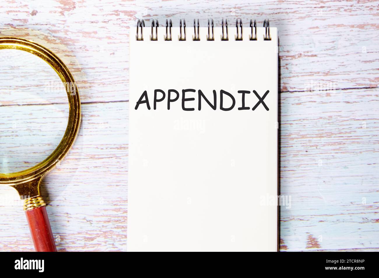 Appendix a word written on a notebook on wooden boards next to a ...