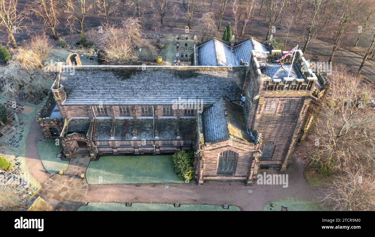 Aerial view of a traditional stone church with its bell tower in the ...