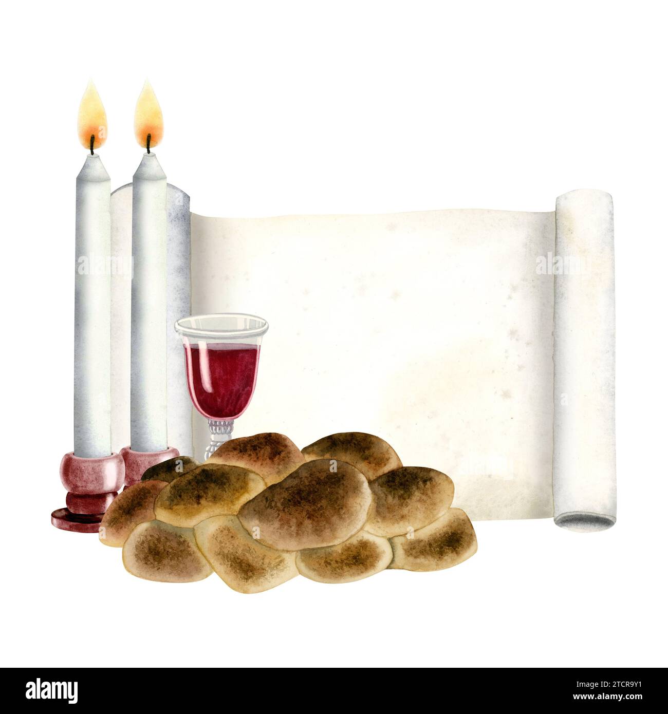 Watercolor Shabbat challah, two burning candles, red wine glass, blank ...
