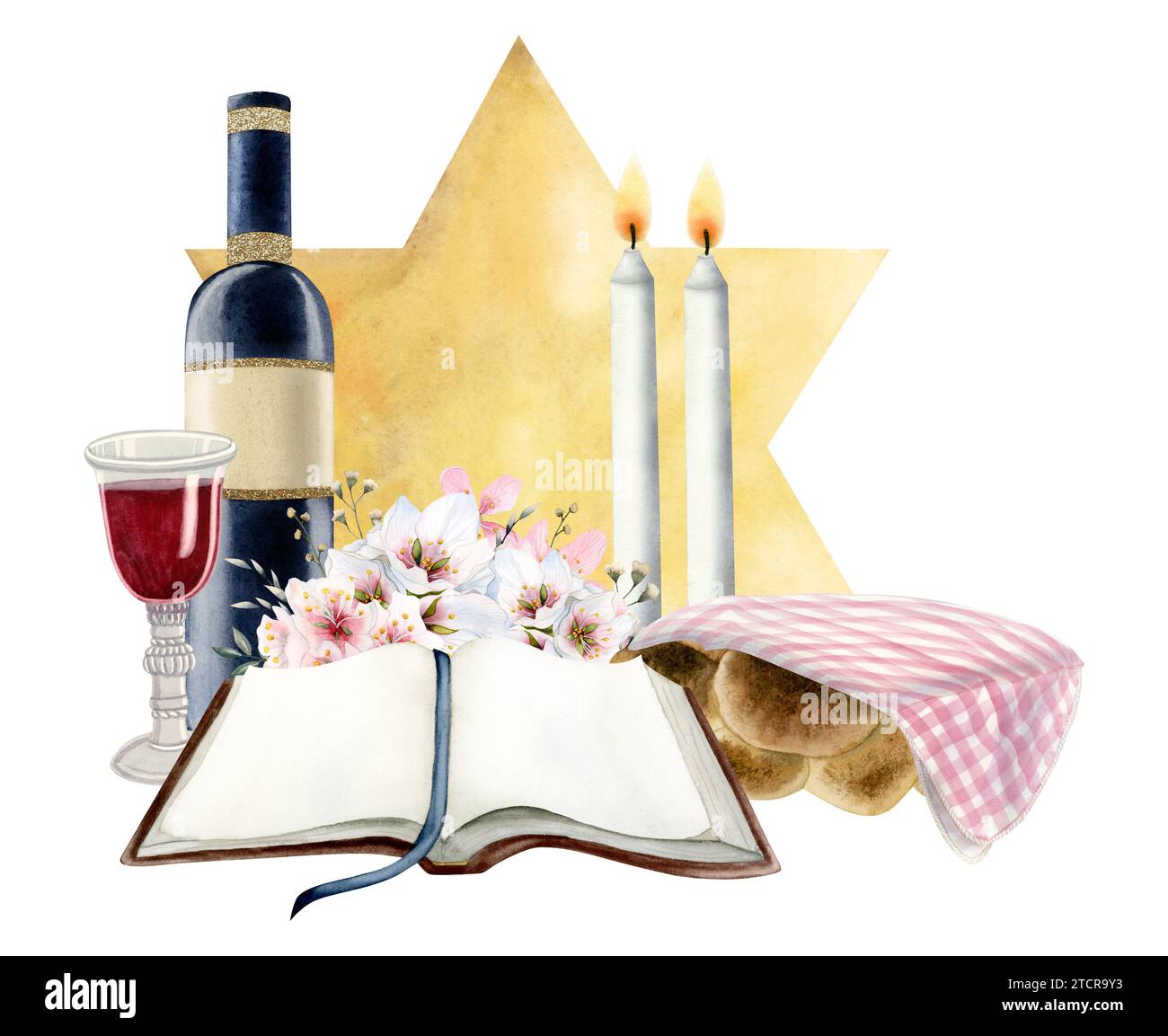 Jewish Shabbat scene with open Torah book, gold star of David, two ...