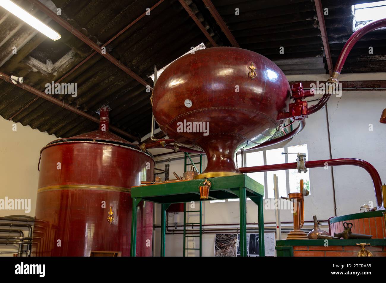 Double distillation process of cognac spirit in Charentias copper still ...