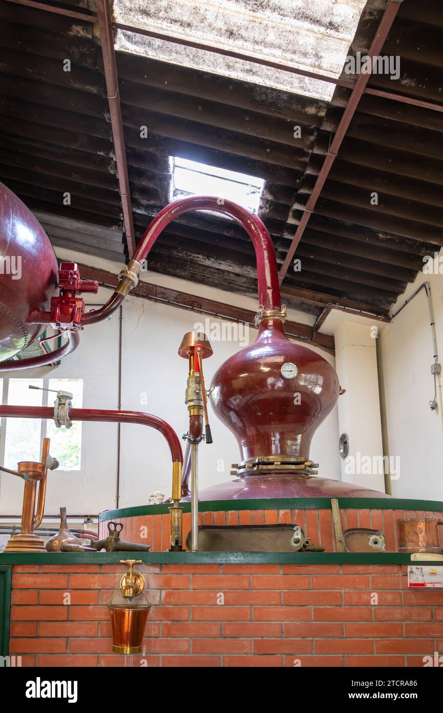 Double distillation process of cognac spirit in Charentias copper still ...