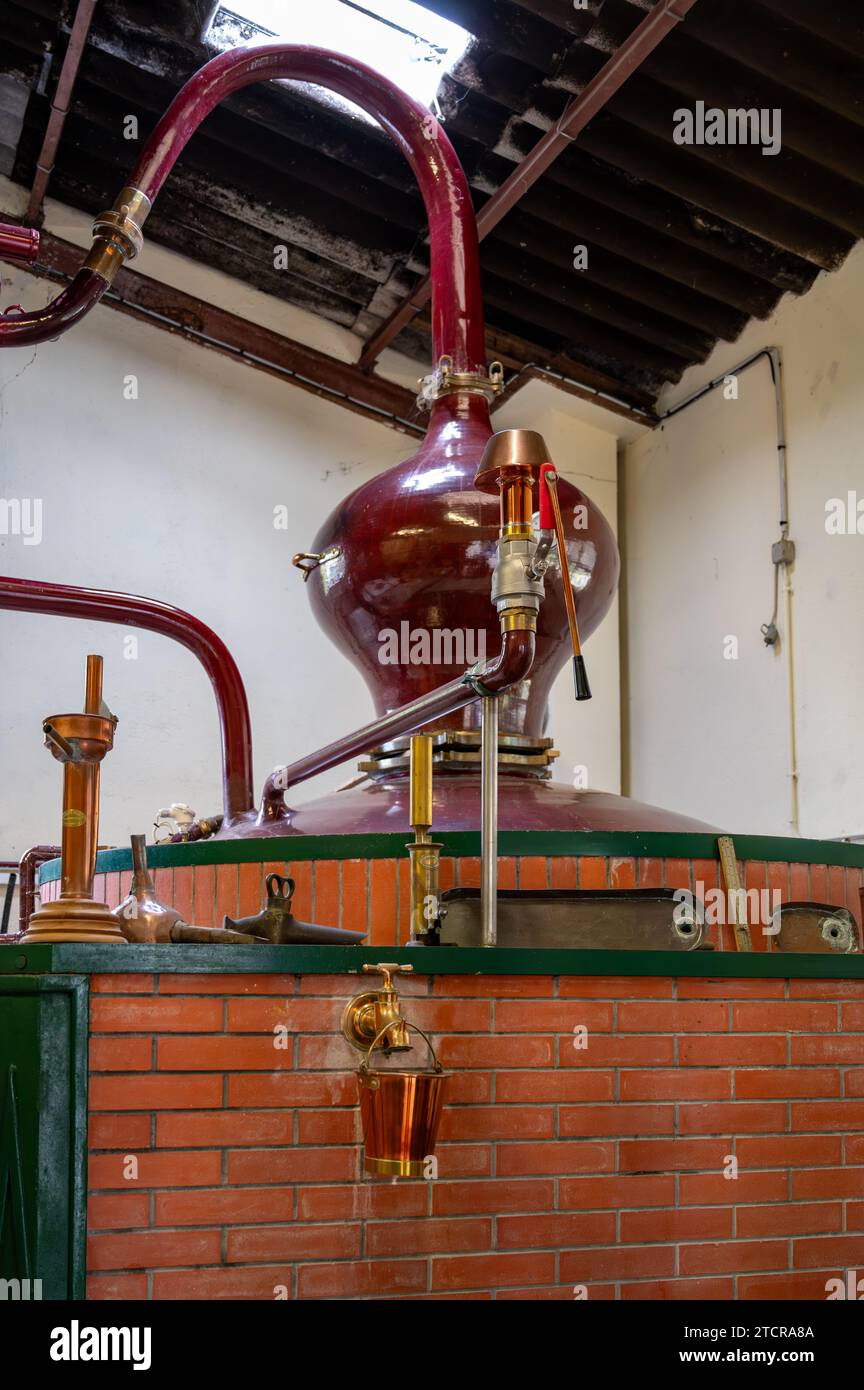 Double distillation process of cognac spirit in Charentias copper still ...