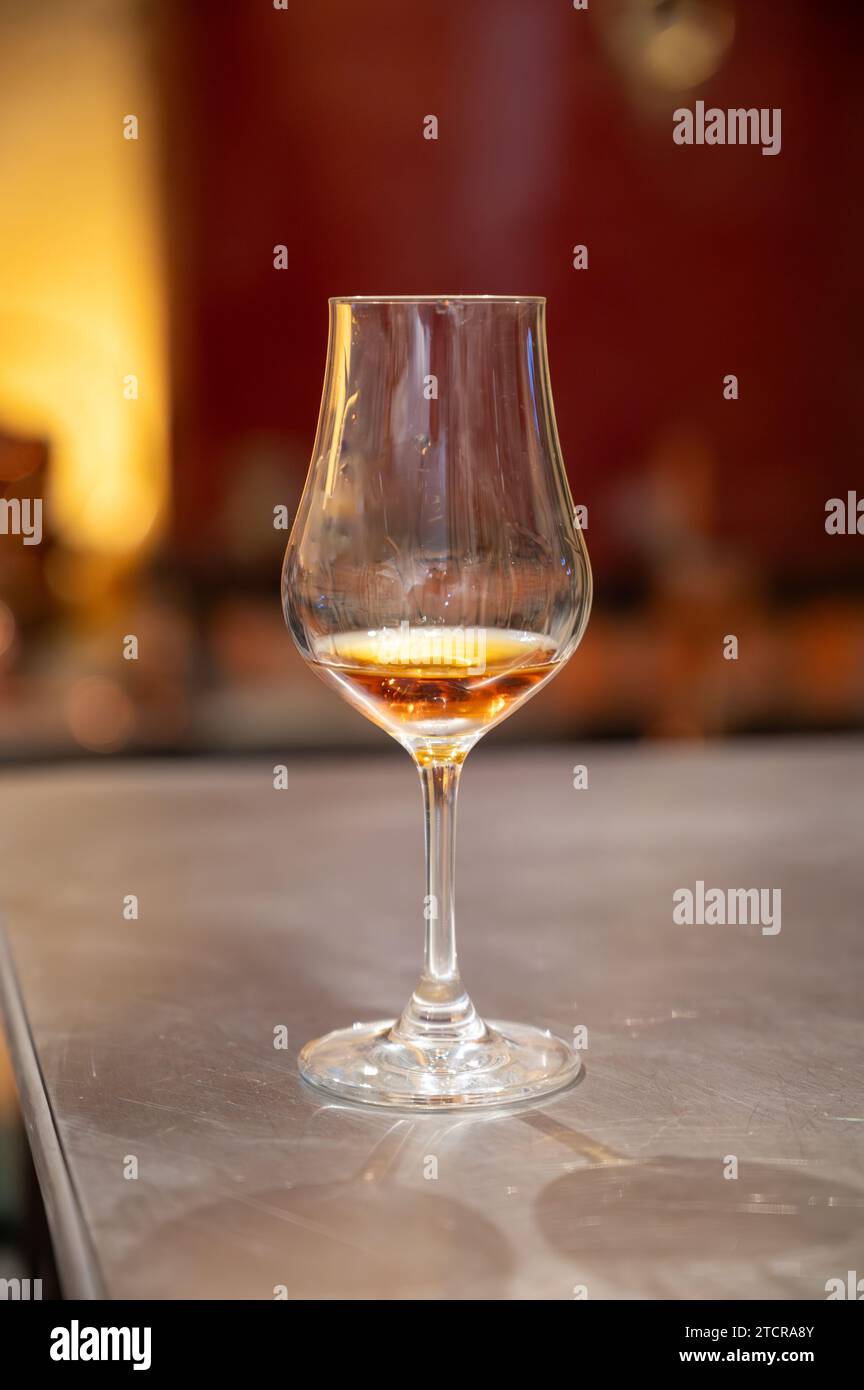 Tasting of cognac spirit aged in old dark French oak barrels in cellar ...