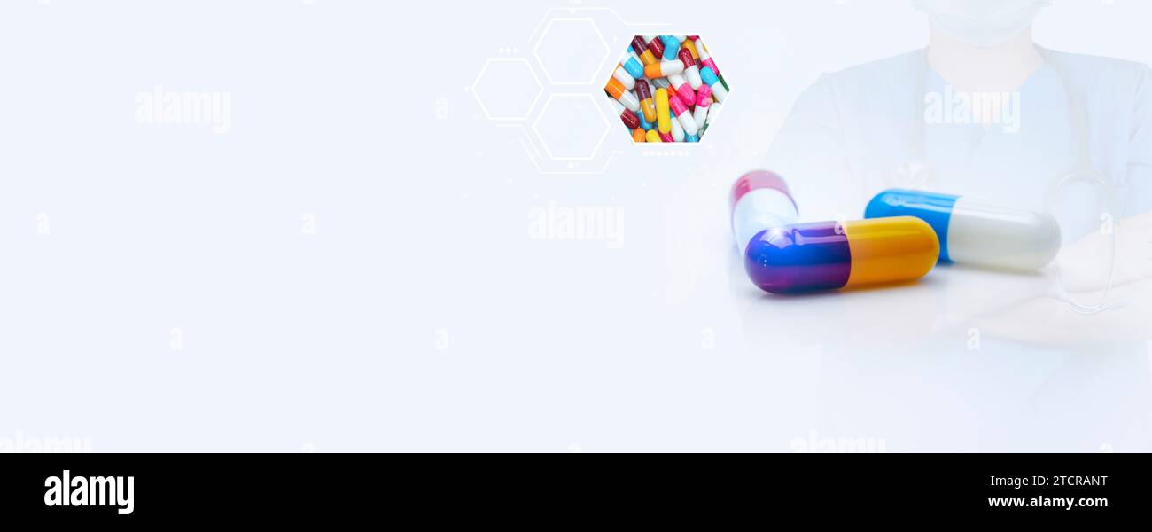 Antibiotic capsule pills and prescription drugs banner with doctor and ...