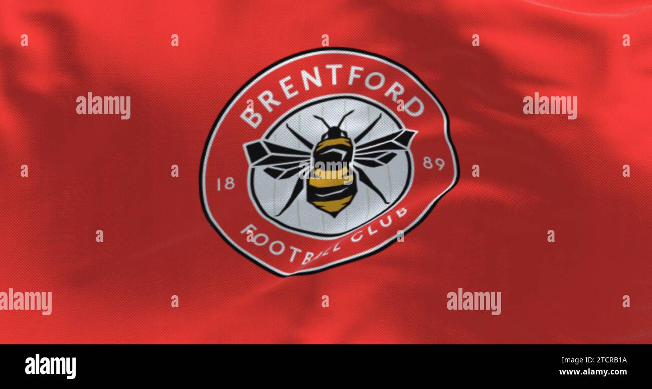 London, UK, Feb 19 2023: Close-up of Brentford Football Club flag ...