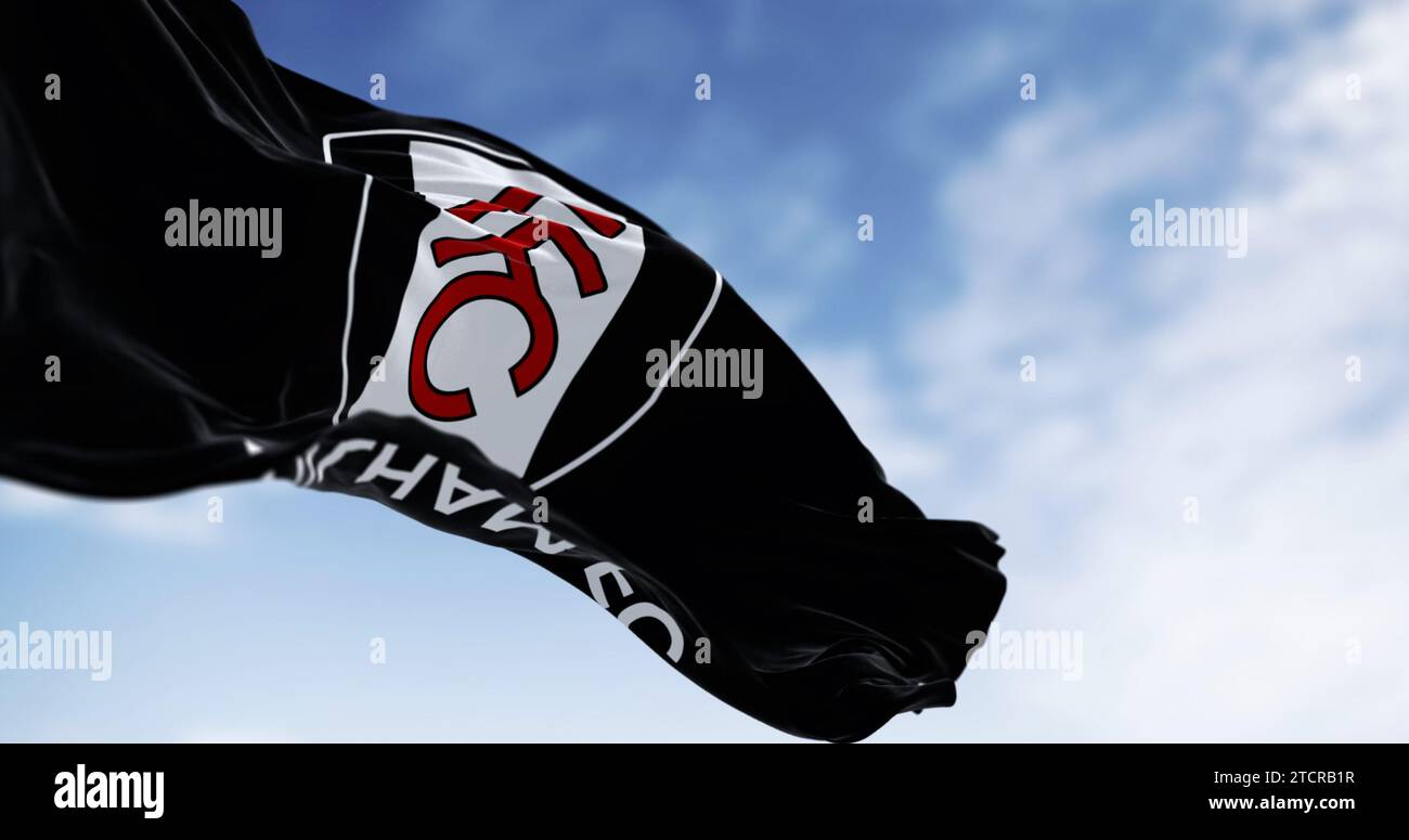 London, UK, sept 5 2023: flag of Fulham Football Club waving ...