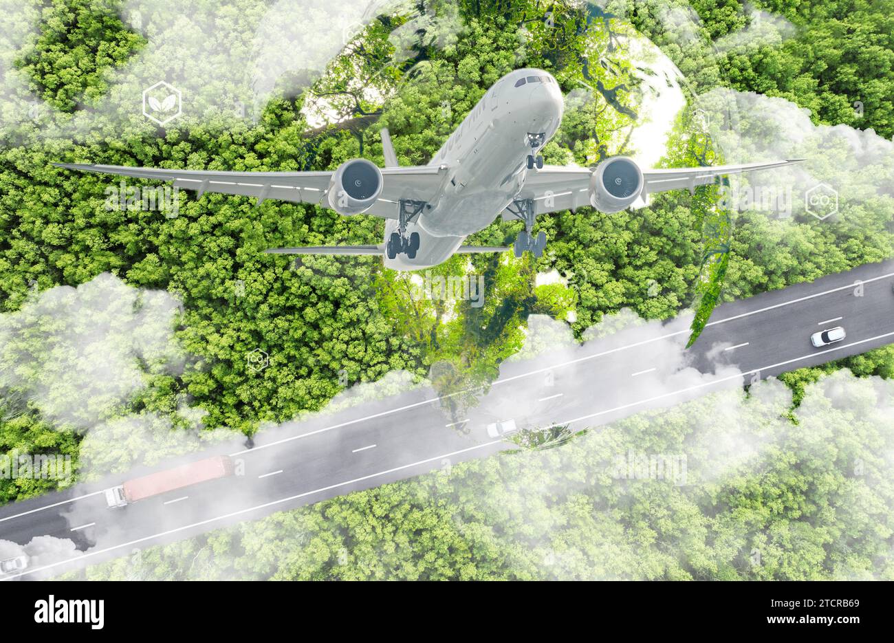 Sustainable aviation fuel concept. Net zero emissions flight. Sustainability transportation. Eco ...