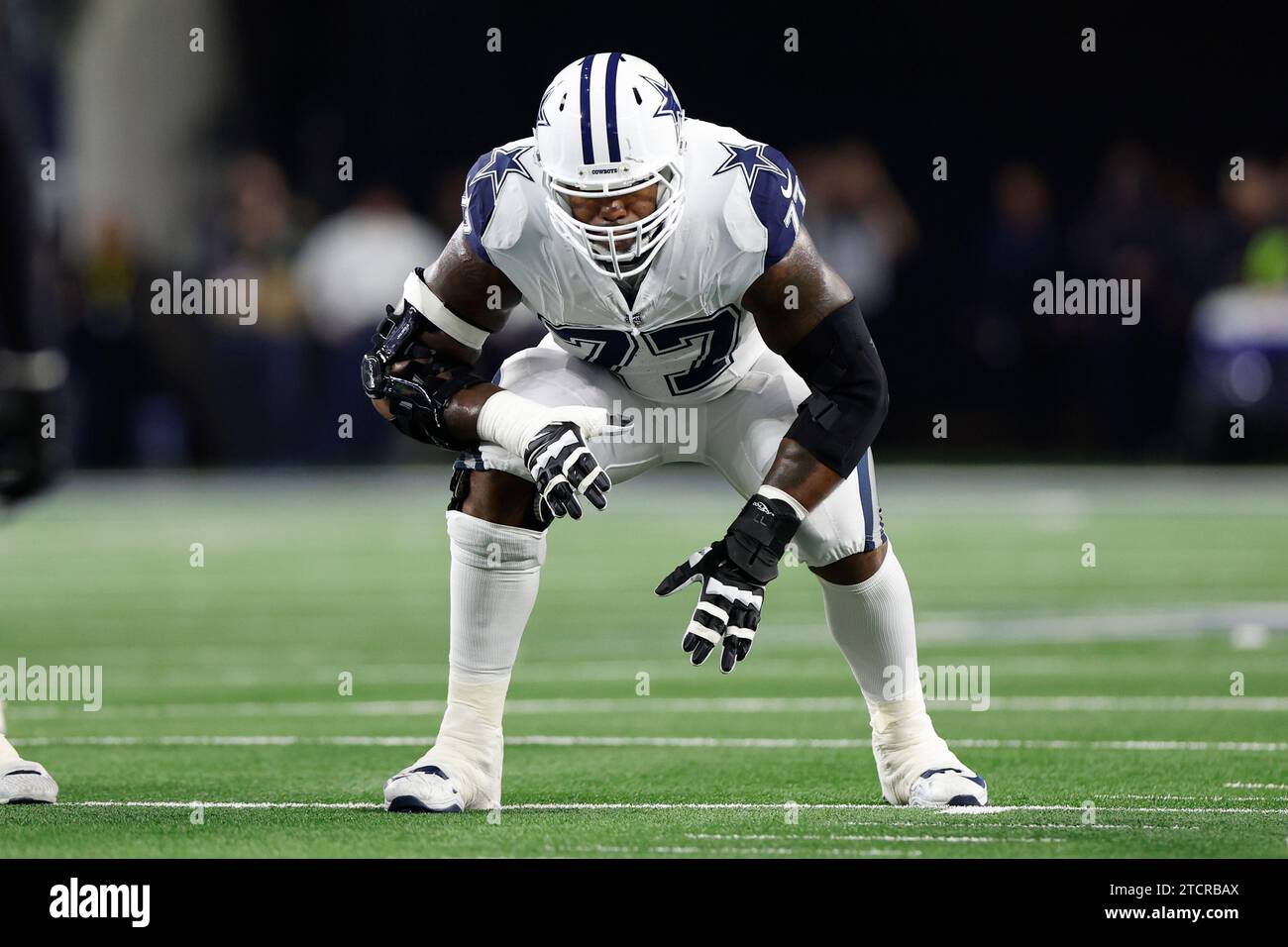 Dallas Cowboys offensive lineman Tyron Smith (77) lines up for the snap ...