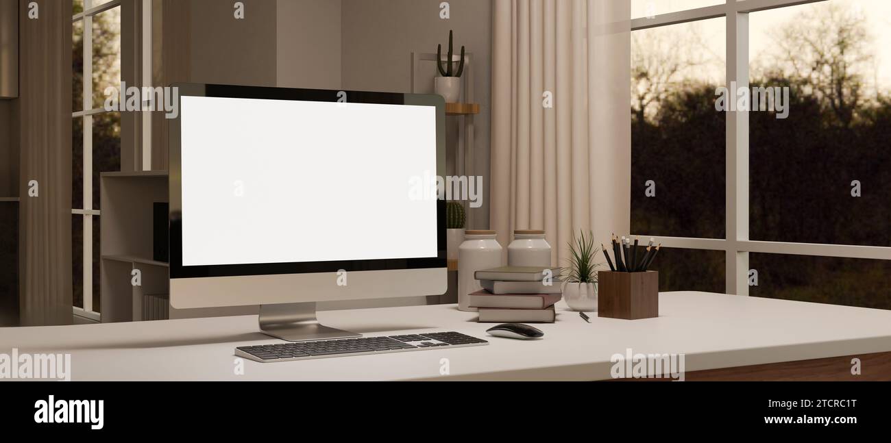 A cosy modern home computer desk workspace with a white-screen PC ...
