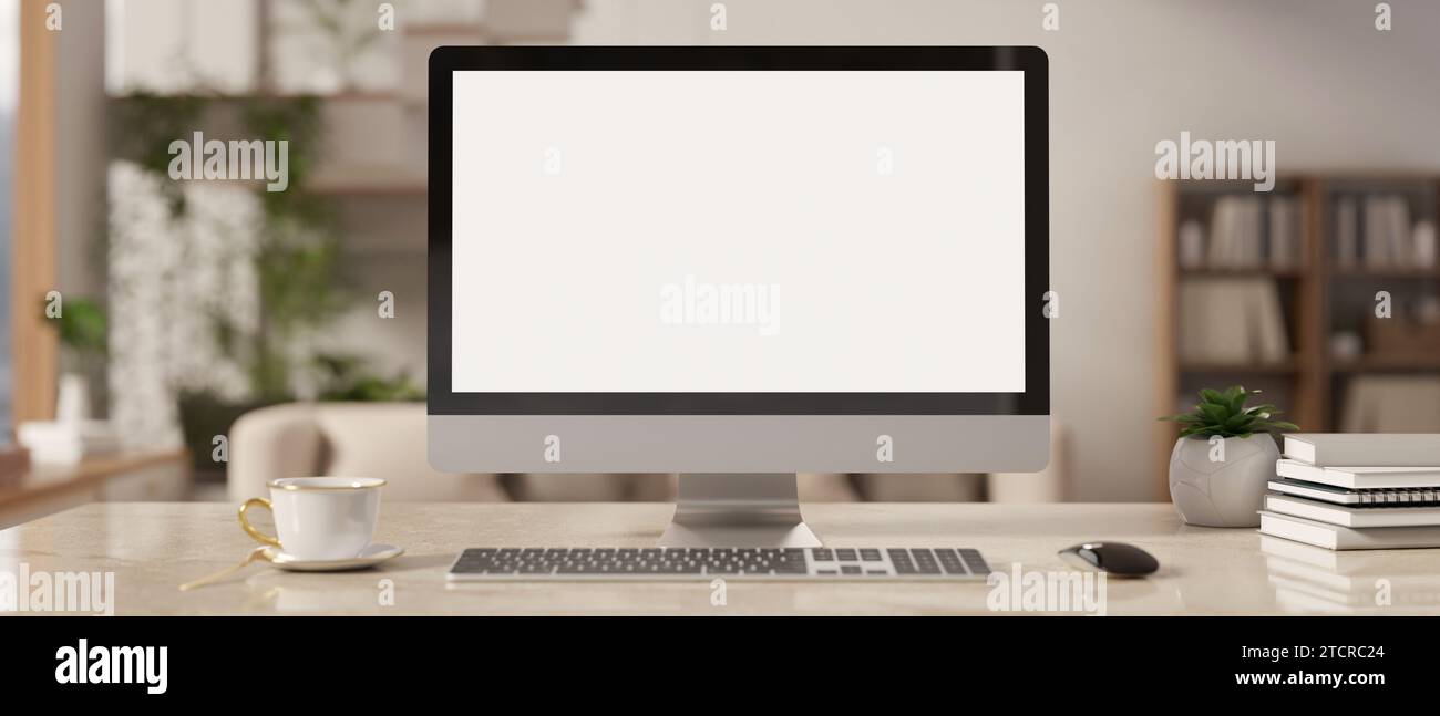 Modern luxury home workspace in a living room with a white-screen PC ...